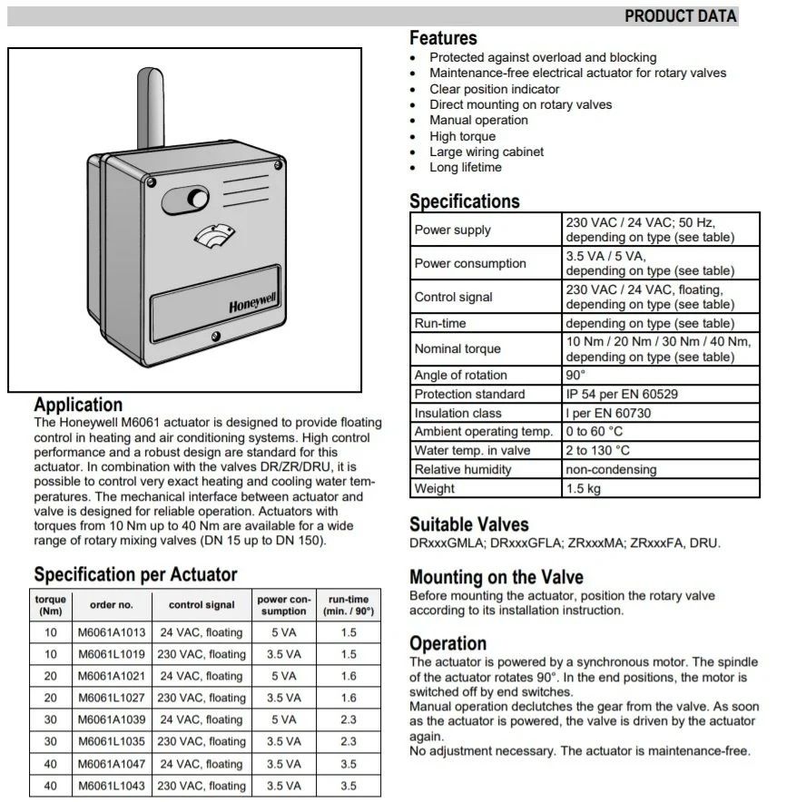 Honeywell M6061L1027 / VMM20 (20Nm Tork 220 V) R. Vana Motoru